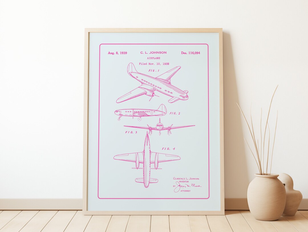 Airplane Patent | Blue Pink Vintage Plane Poster | Female Pilot Gift ...