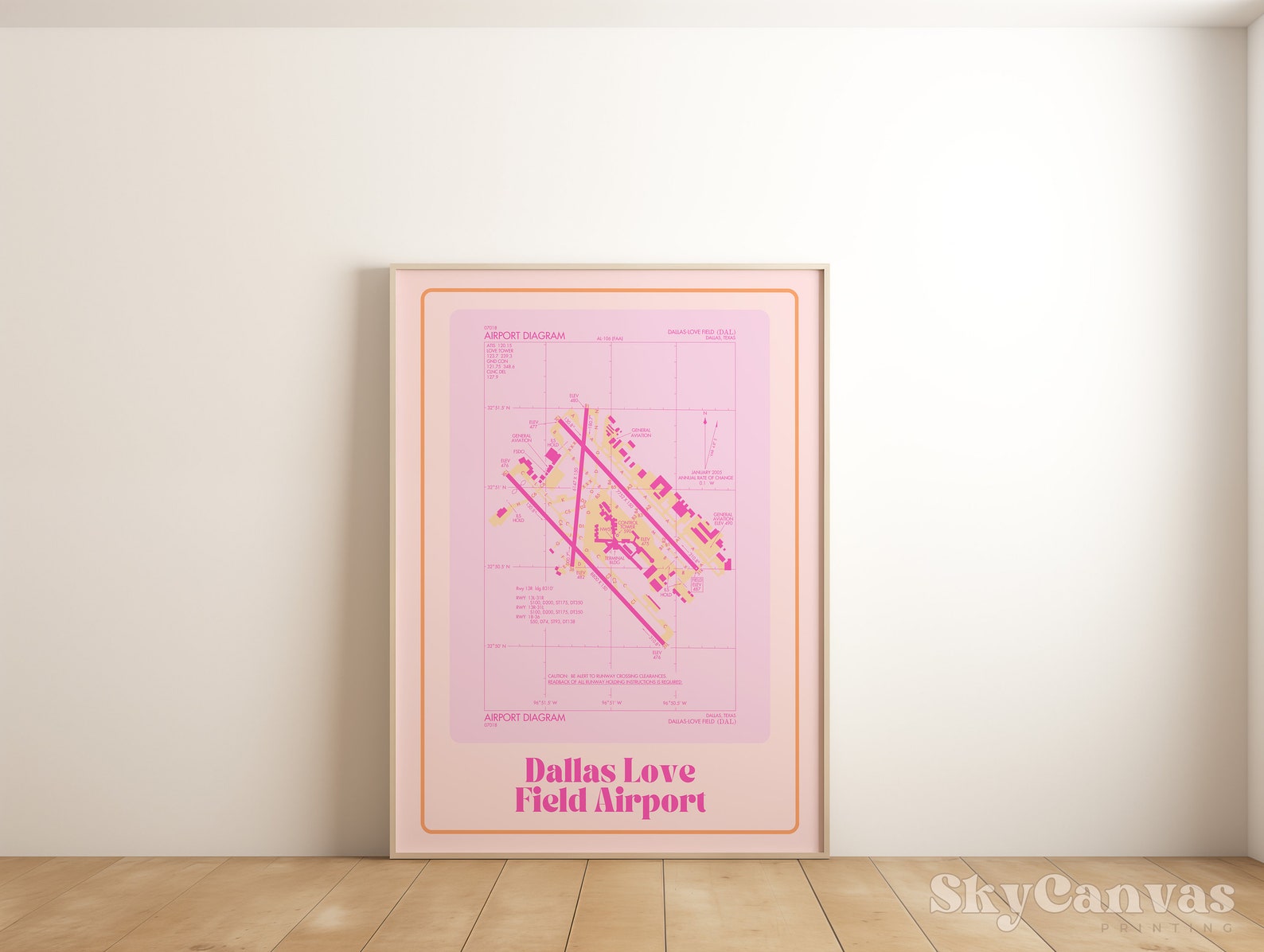 Dallas Love Field | Colorful Retro Airport Map Poster | DAL | Pink and ...
