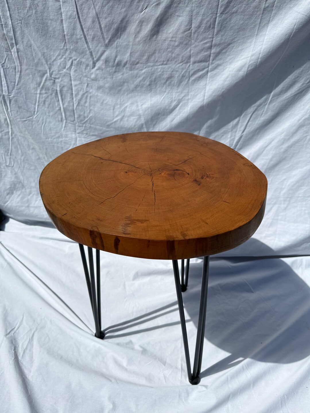 Cherry Wood Cookie Slab Live Edge End Table With Metal Hairpin Legs ...