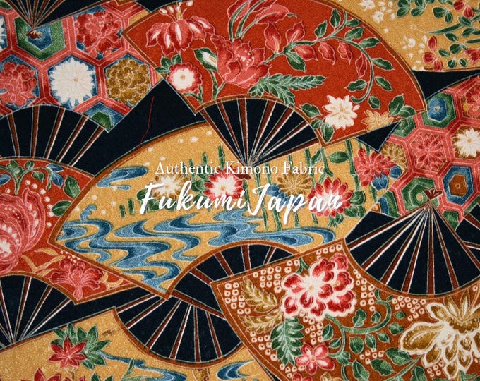 Dark Navie Japanese Silk Kimono Fabric With Sensu Design, Japanese ...