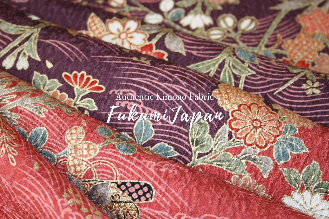 Pink and Purple Japanese Silk Kimono Fabric With Floral and Stream ...