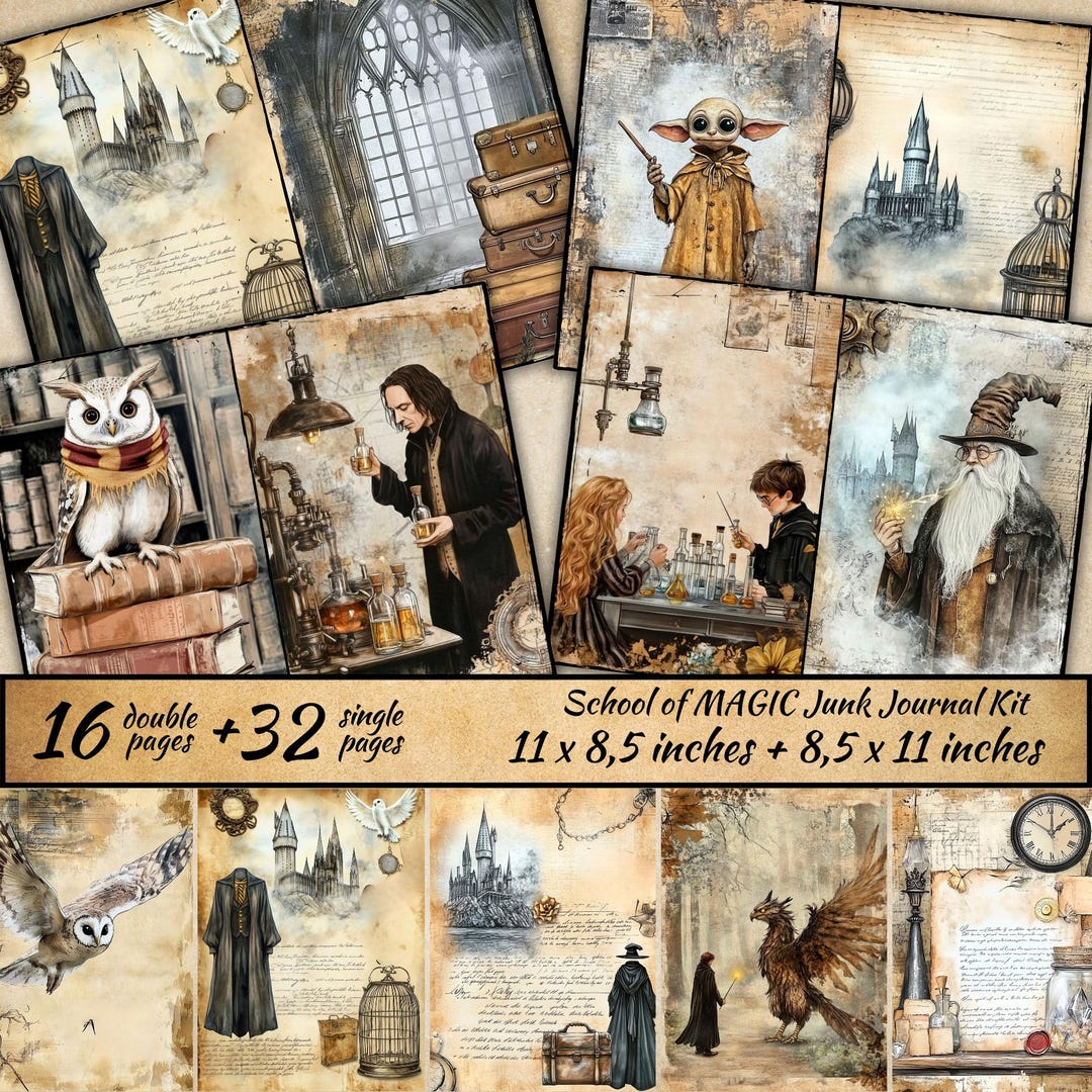 School of Magic Junk Journal Kit, Wizard Digital Collage Sheets, Magic ...