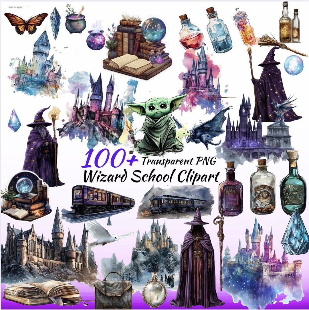 Wizard School Watercolor Clipart Bundle, Wizard Collage Sheet, Magic ...