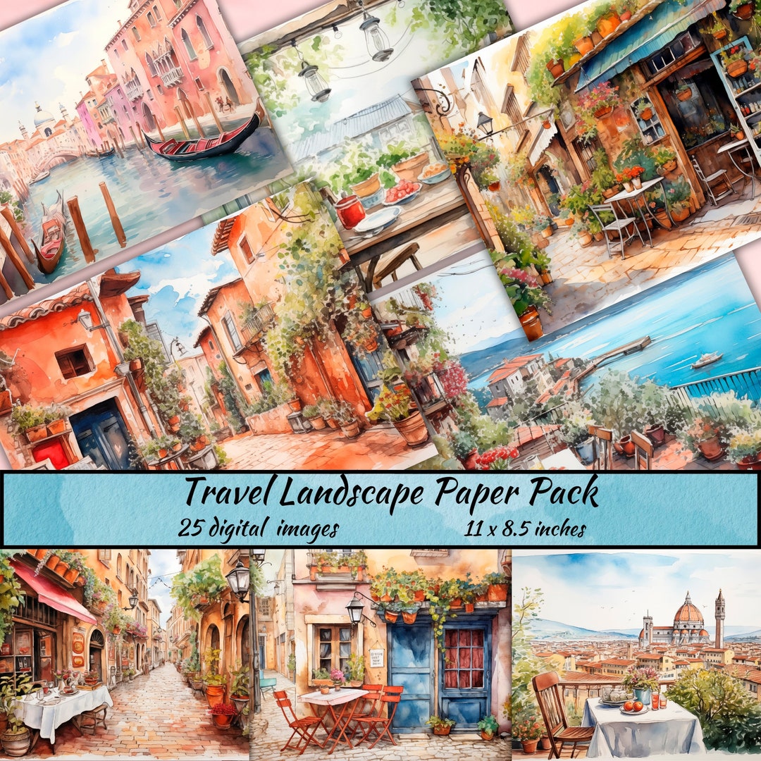 Watercolor Landscape Bundle, Printable Travel Papers, Travel ...