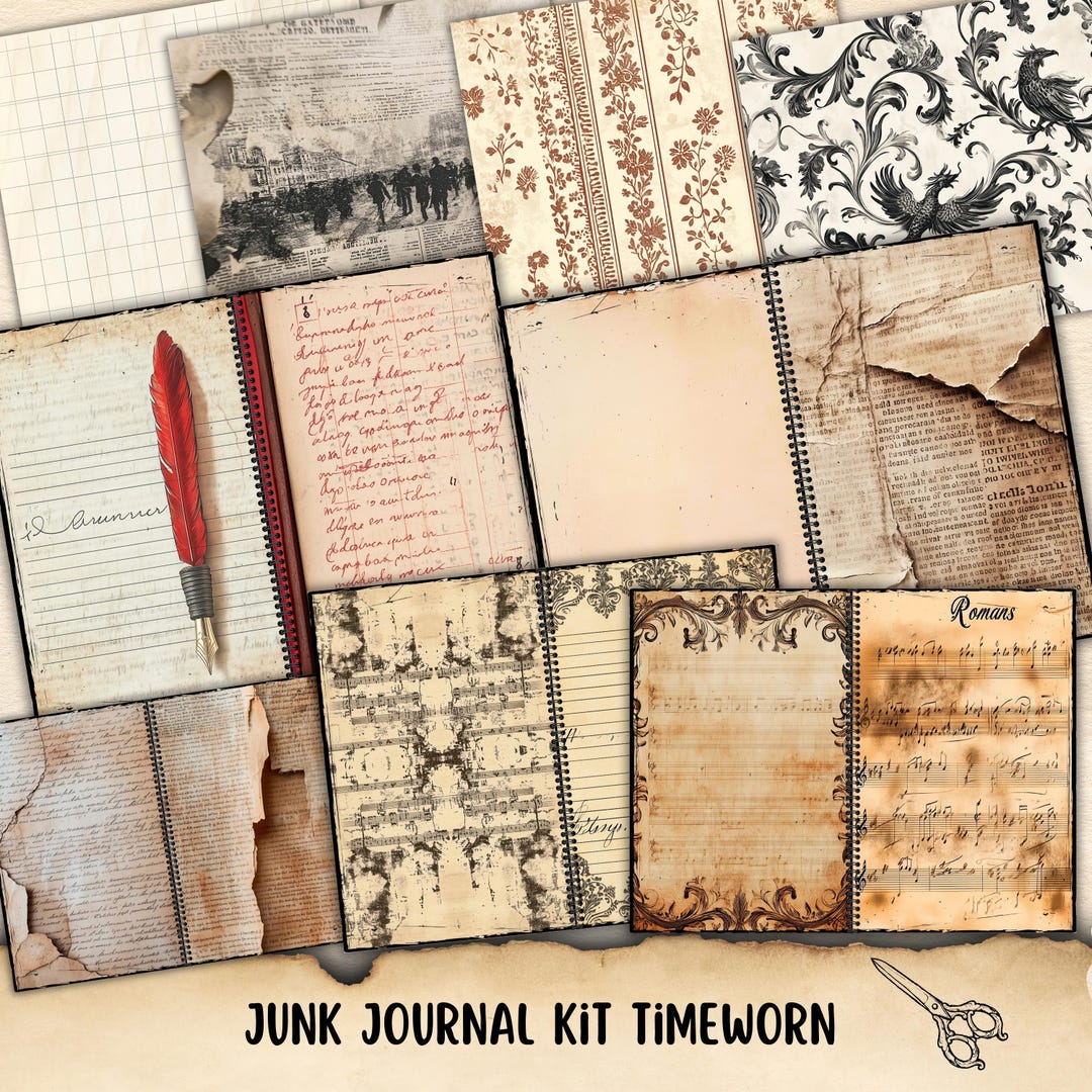 Grunge Junk Journal Kit, Distressed Timeworn Digital Papers, Ledger ...
