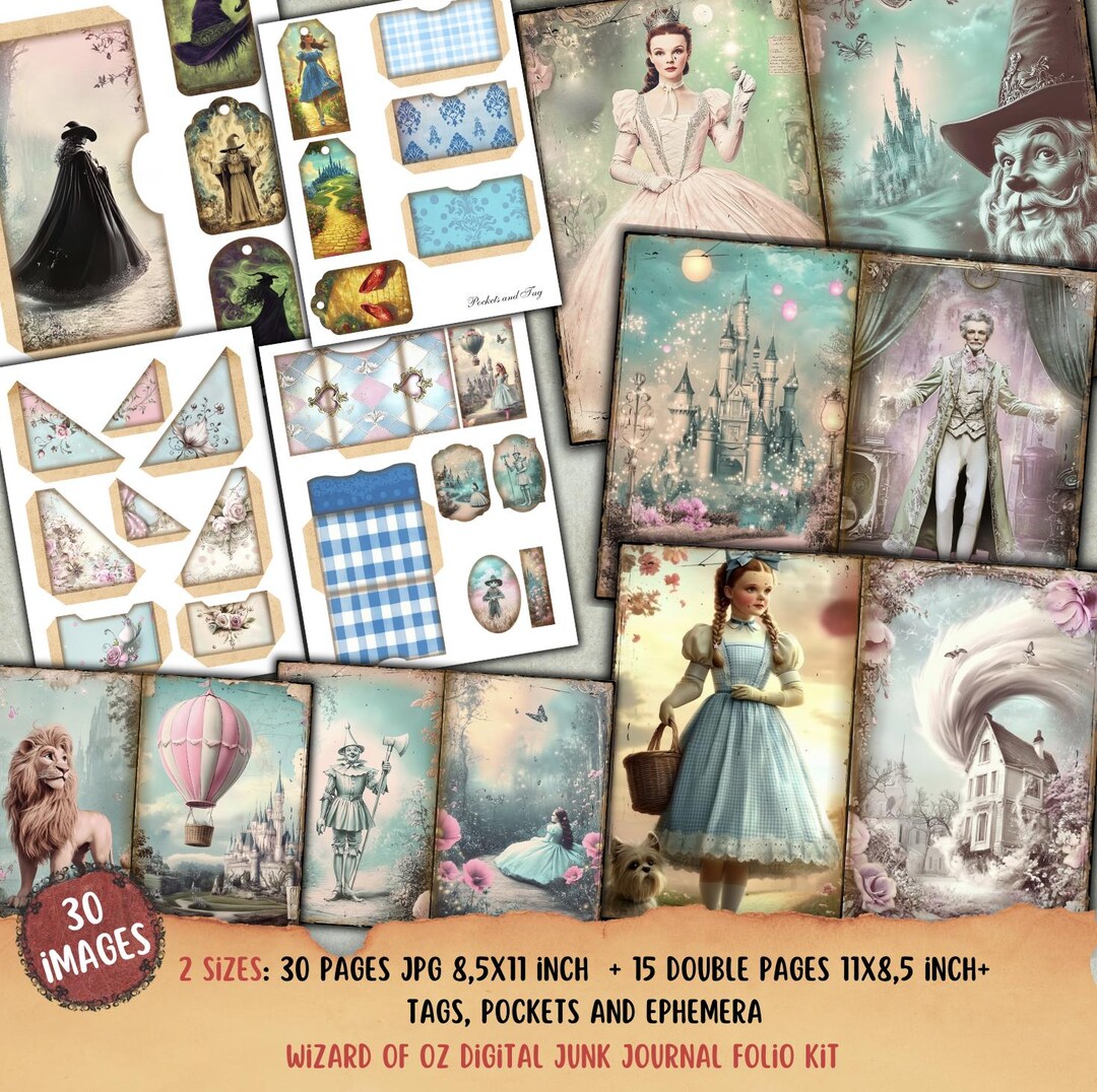 Wizard of Oz Digital Junk Journal Folio Kit, Wizard Collage Sheet, Tag ...