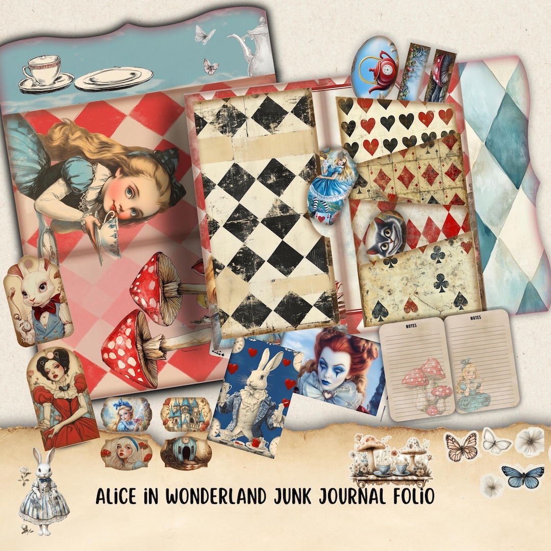 Alice in Wonderland Junk Journal Folio, Tag, Ephemera, Shabby Chic ...