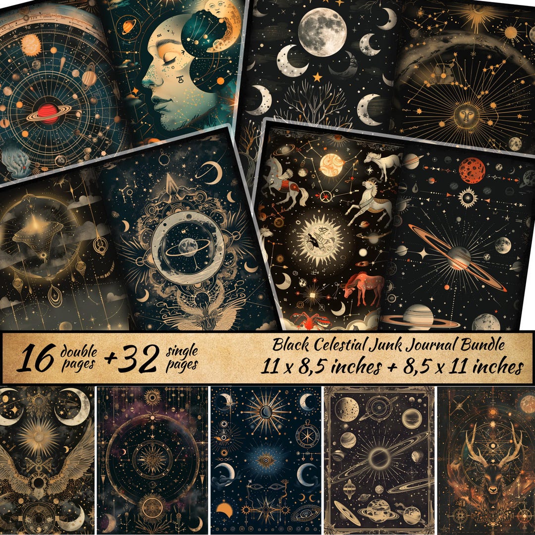 Black Celestial Junk Journal Bundle, Moon Junk Journal Kit, Astronomy ...