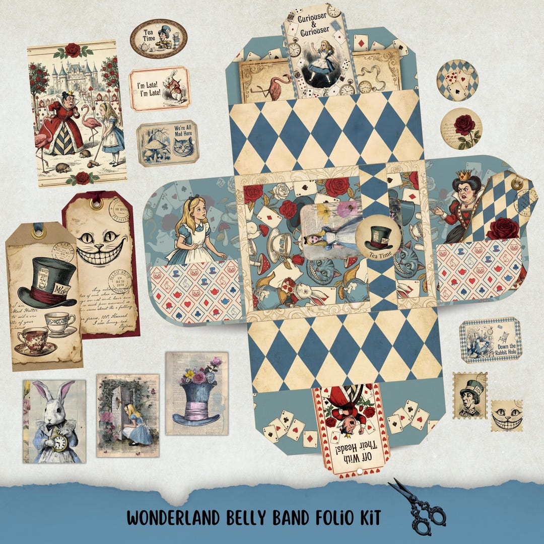 Wonderland Belly Band Folio Kit, Alice Junk Journal, Tags and Ephemera ...