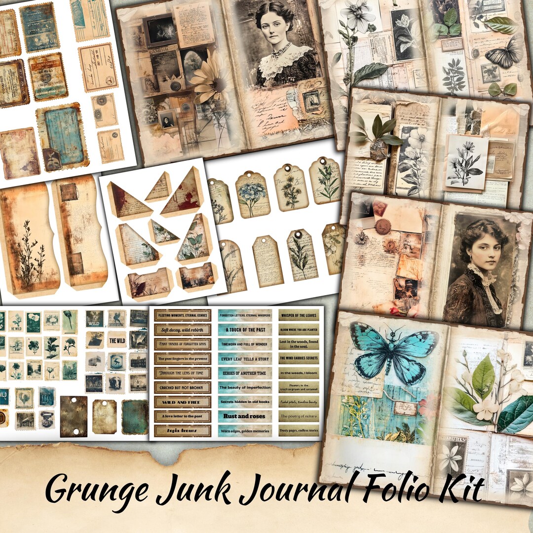 Grunge Junk Journal Folio Kit, Text Label Printable Word Tag ...