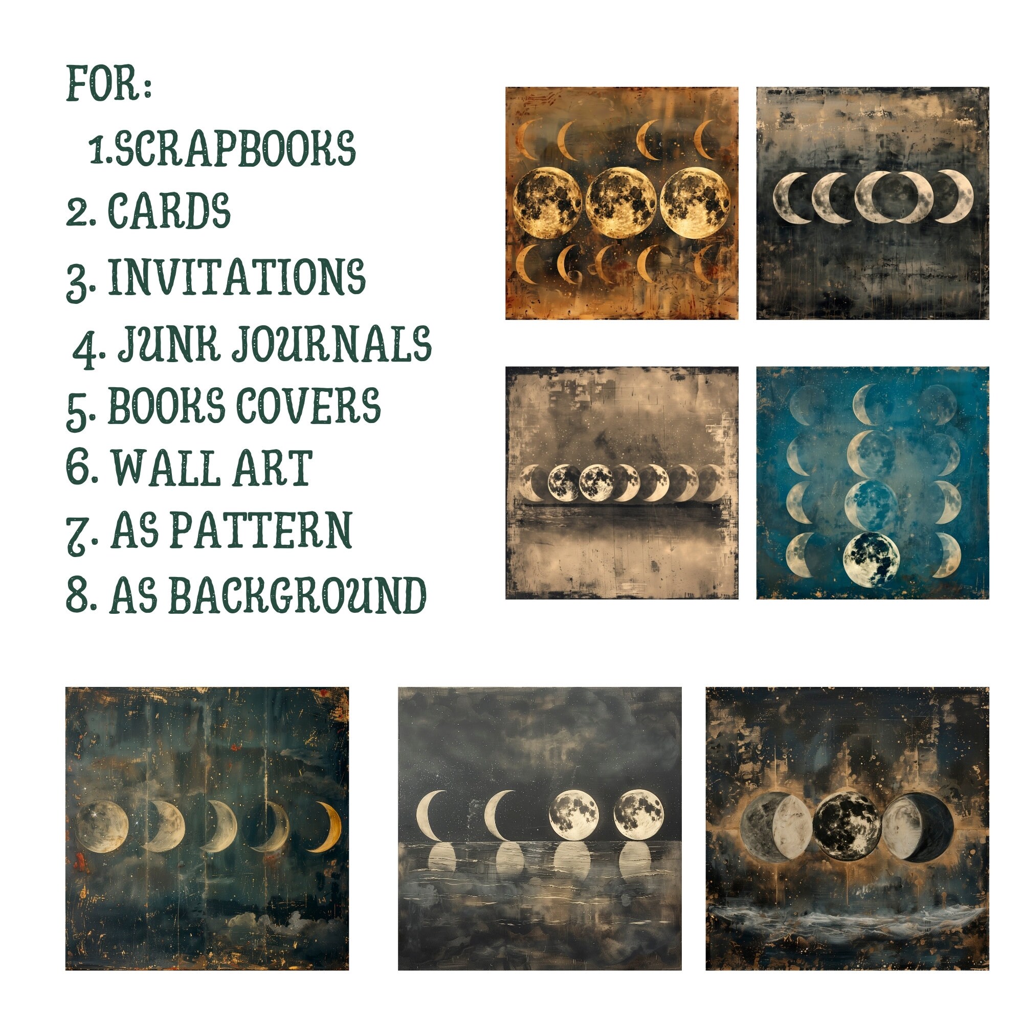 Magical Moon Phase Printable,shabby Chic Digital Paper Pack,moon Phases ...