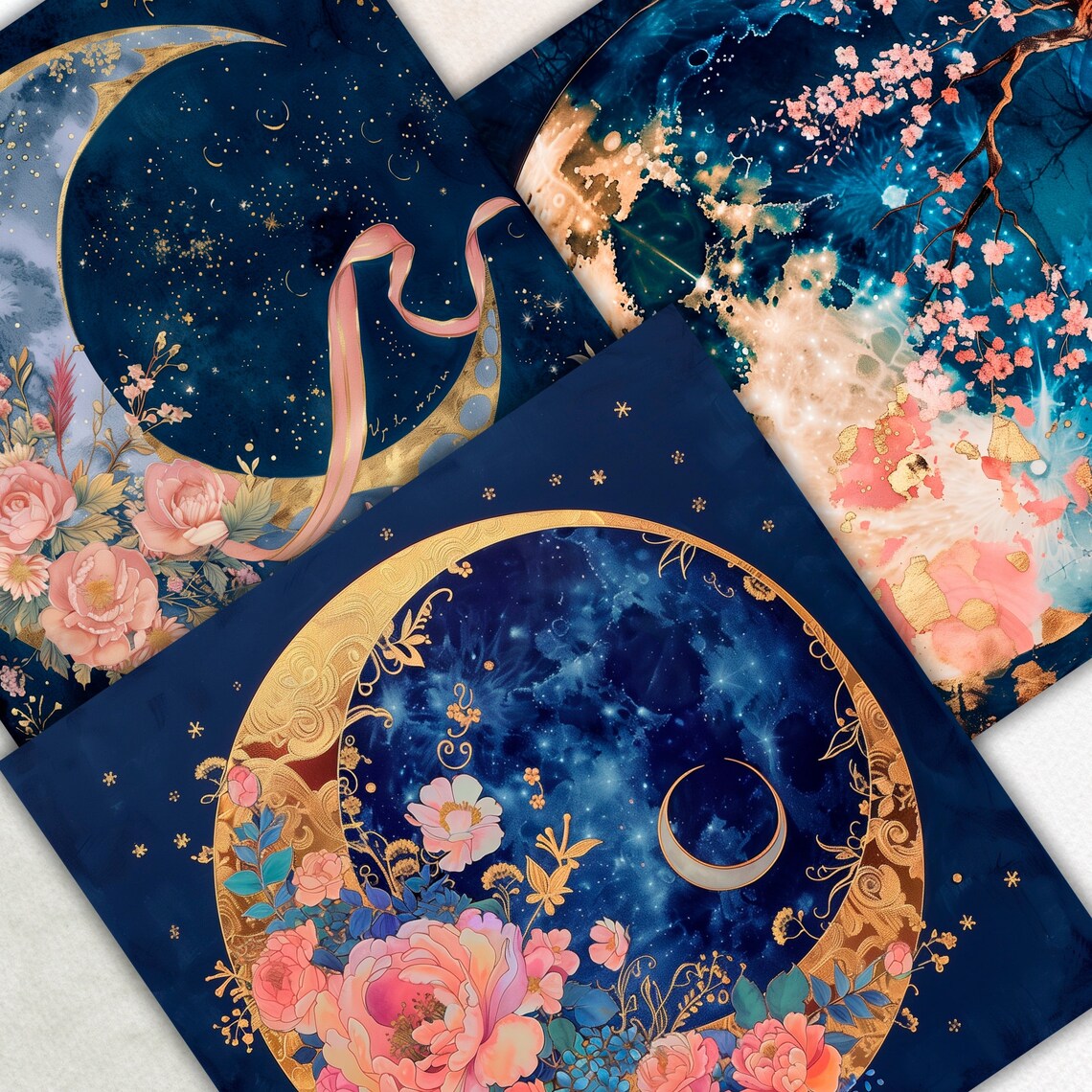 Night Moon an Asian-inspired Digital Paper, Floral Moon Ephemera ...