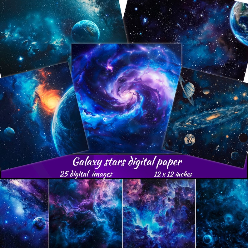 Galaxy Stars Digital Paper, Space Background, Cosmic Junk Journal ...