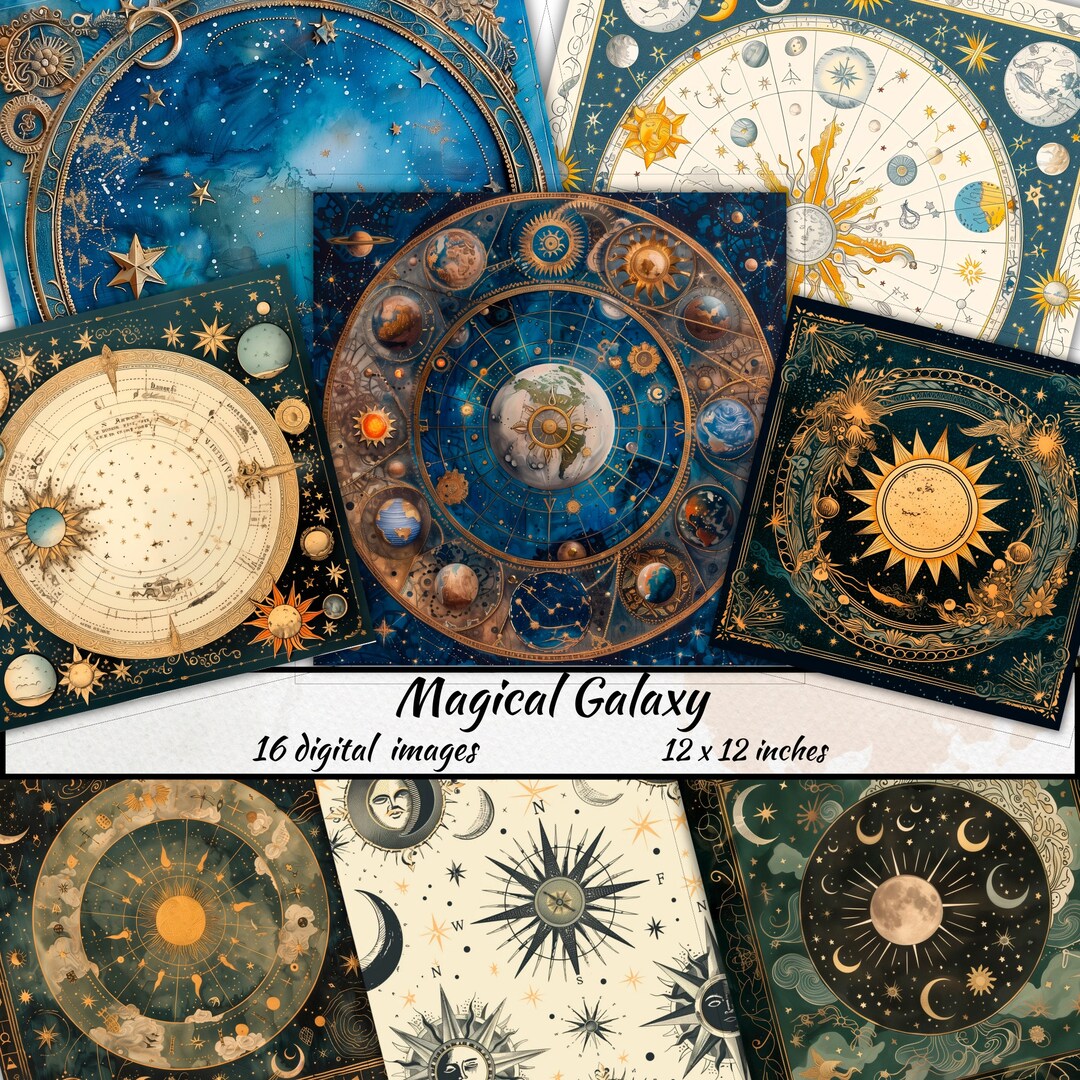 Magical Galaxy Digital Paper, Download Zodiac Printable Scrapbook Paper ...