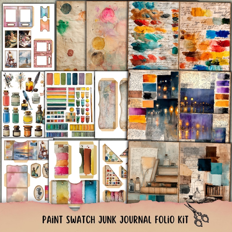 Paint Swatch Junk Journal Folio Kit, Vintage Ledger, Scrapbook Kit, Art ...