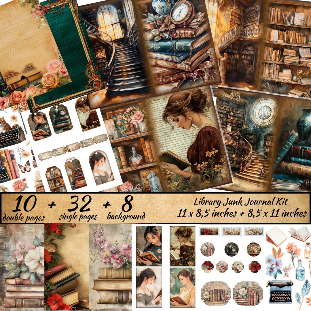 Book Lover Junk Journal Folio Kit, Pocket, Tag, Clipart, Old Book ...