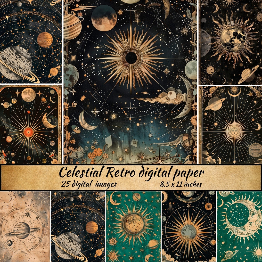 Celestial Retro Digital Paper, Download Zodiac Printable Scrapbook ...