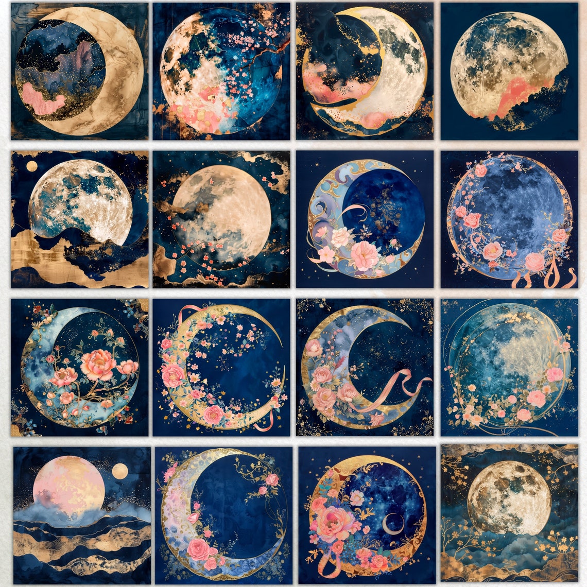 Night Moon an Asian-inspired Digital Paper, Floral Moon Ephemera ...