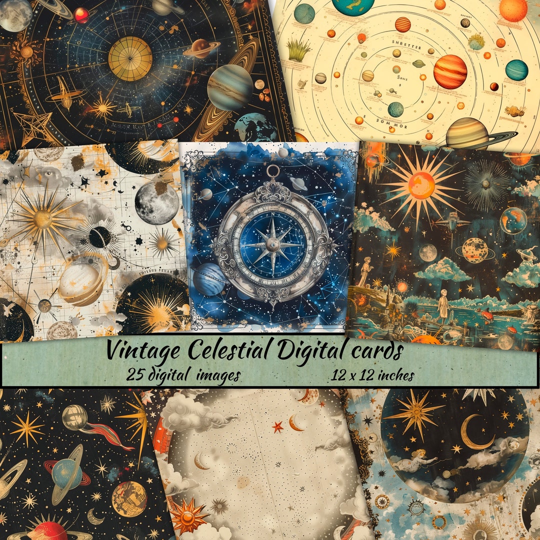Vintage Celestial Digital Cards, Download Galaxy Paper, Zodiac ...