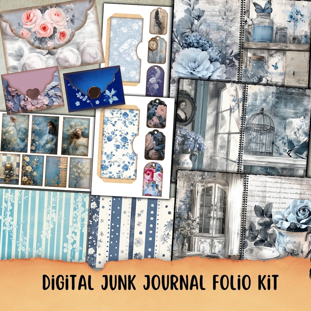 Blu Junk Journal Folio Kit, Vintage Ephemera, Tag Label Pocket, Cottage ...