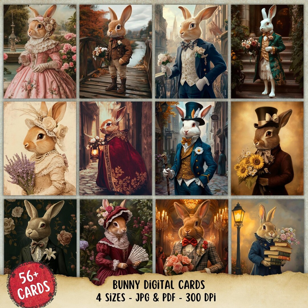 Vintage Bunny Digital Paper, Victorian Rabbit, ATC Card Printable ...