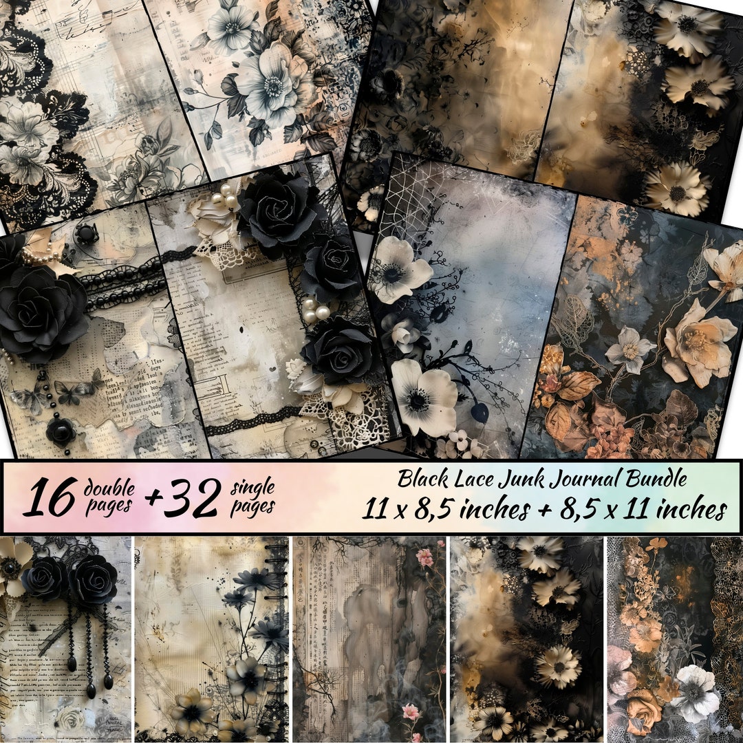 Black Lace Junk Journal Bundle, Gothic Fabric Scrapbook Page, Mixed ...
