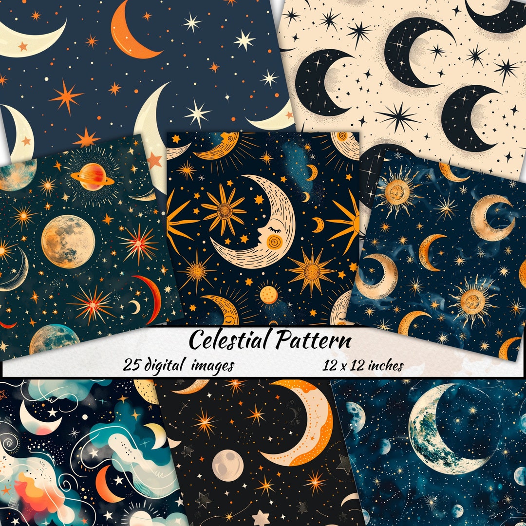 Celestial Pattern, Moon and Stars Digital Paper, Constellation ...