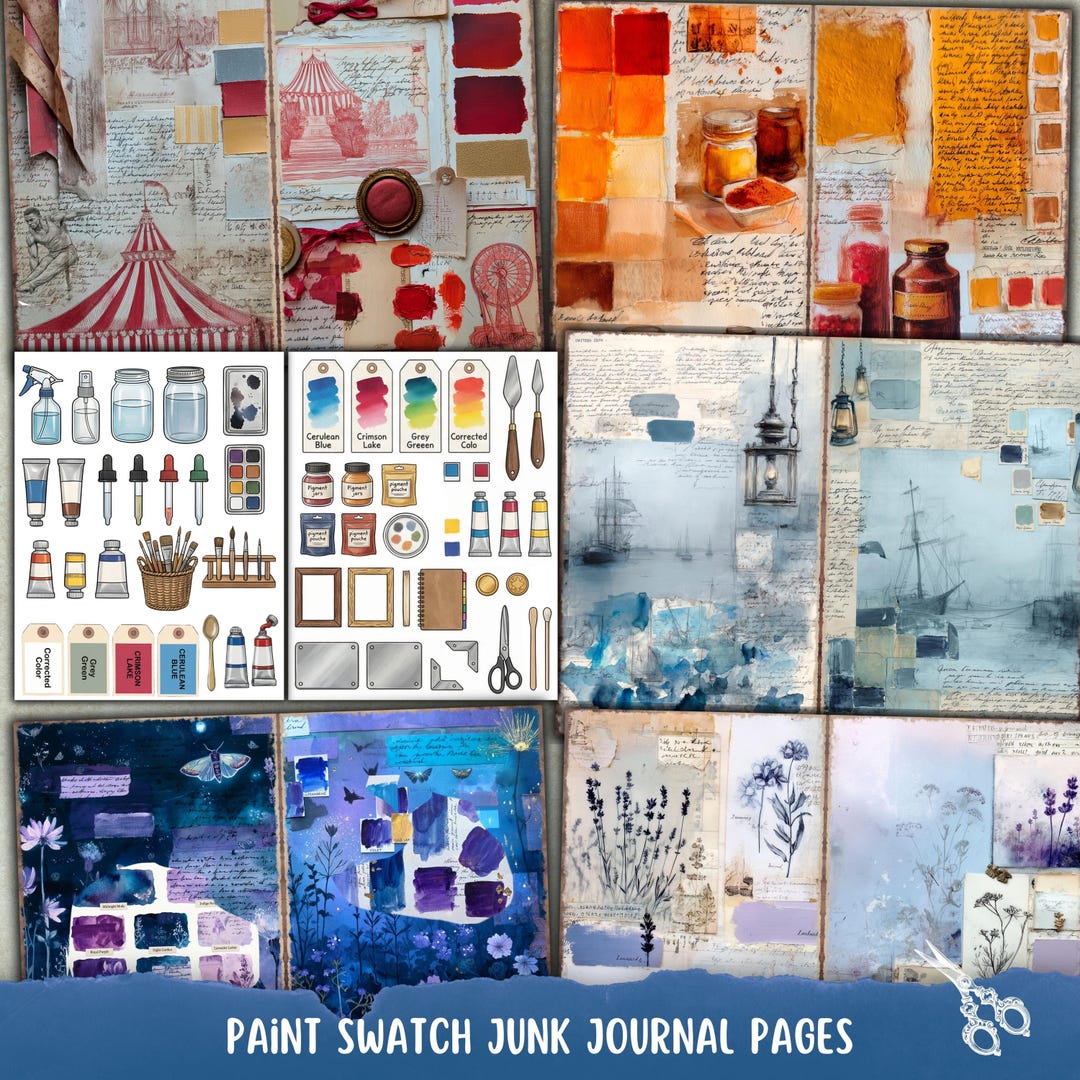 Paint Swatch Junk Journal Pages, Vintage Ledger, Scrapbook Kit, Art ...