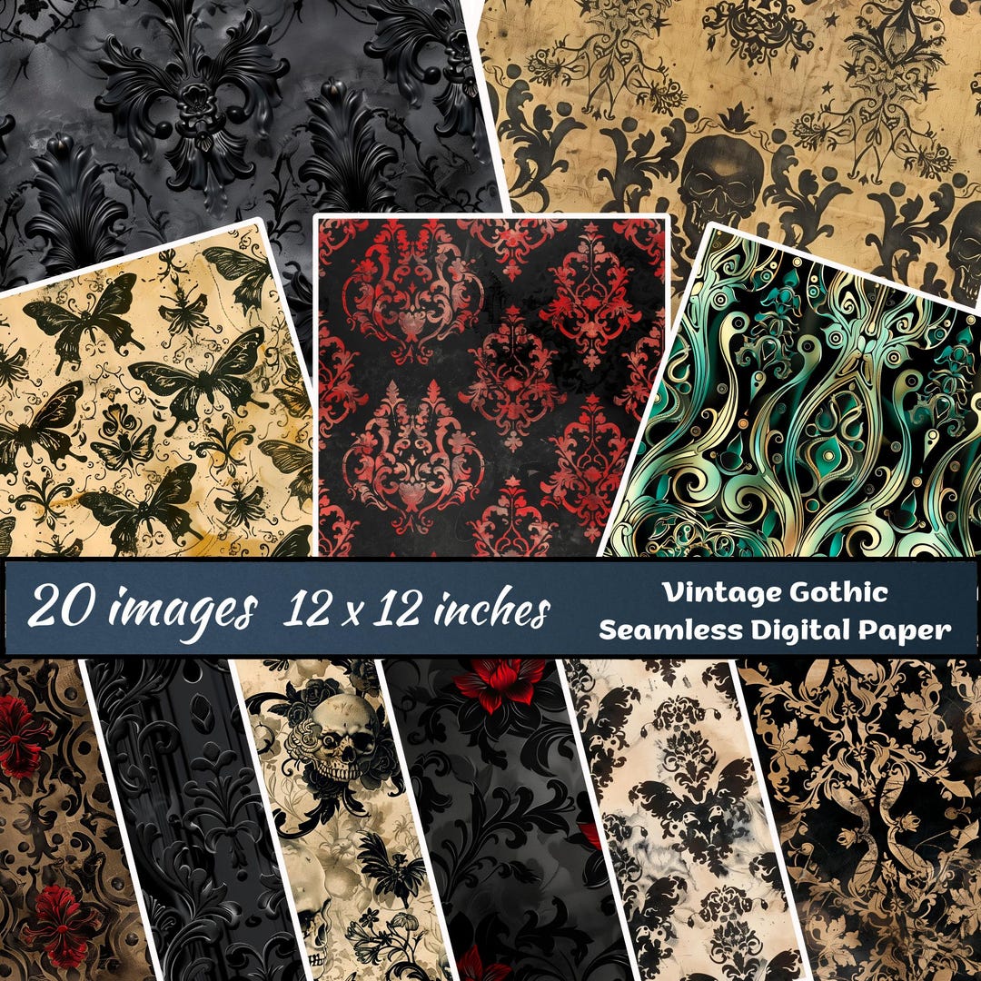 Vintage Gothic Seamless Digital Paper, Skull Halloween Scrapbook Paper ...