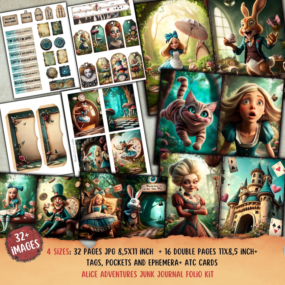 Alice Adventures Junk Journal Folio Kit, Tag, Ephemera, Printable Folio ...