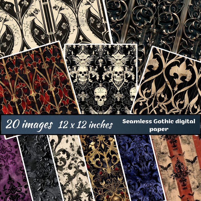 Seamless Gothic Digital Paper, Gothic Seamless Patterns, Skull Damask ...