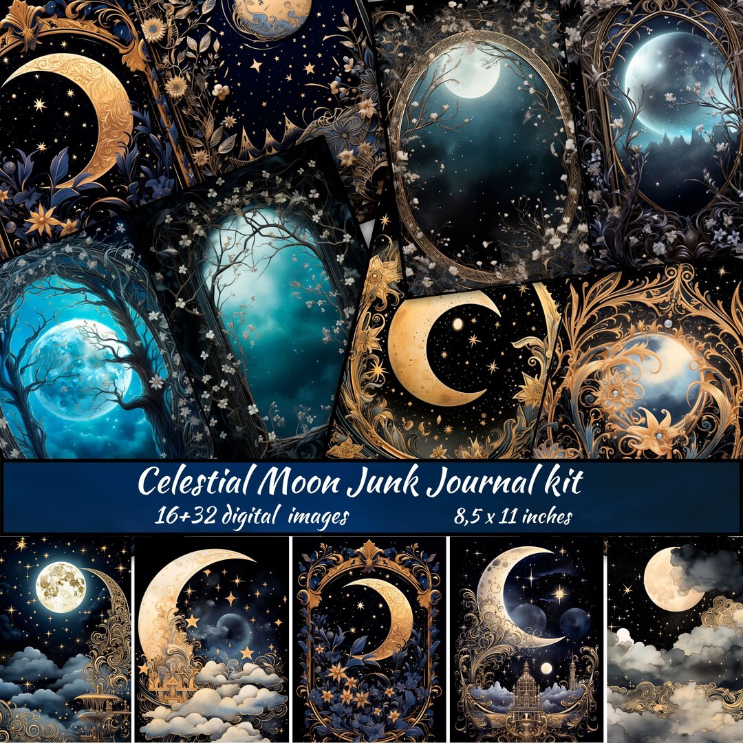 Celestial Moon Paper, Gothic Collage Sheets, Night Sky Ephemera, Moon ...