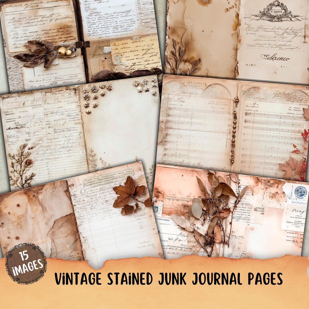 Vintage Stained Junk Journal Pages, Ledger Paper Journal Background ...