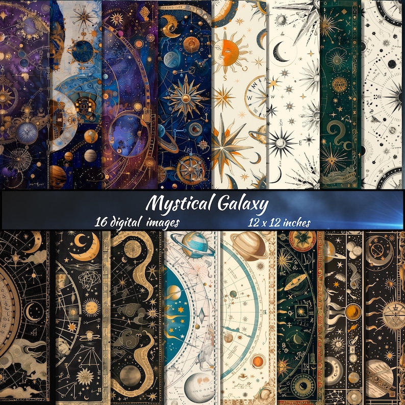 Mystical Galaxy Digital Paper, Download Moon Printable Scrapbook Paper ...