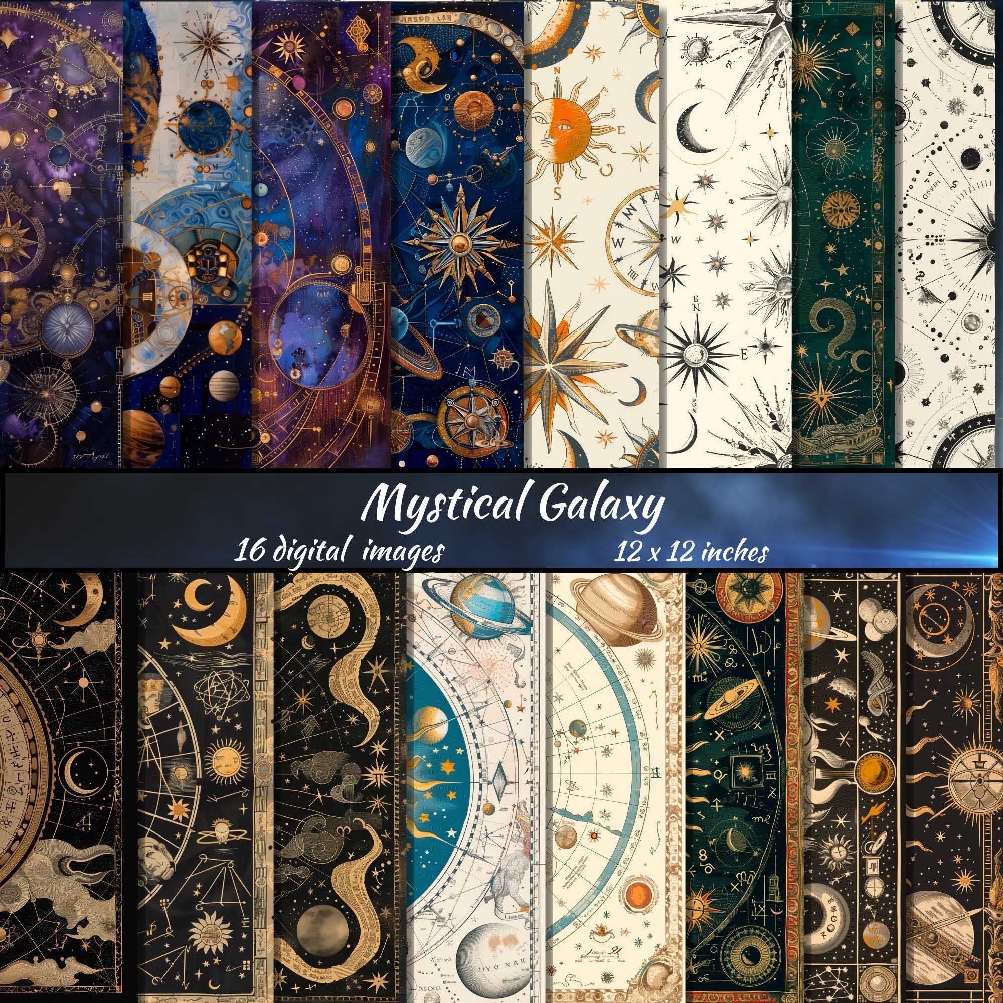 Mystical Galaxy Digital Paper, Download Moon Printable Scrapbook Paper ...