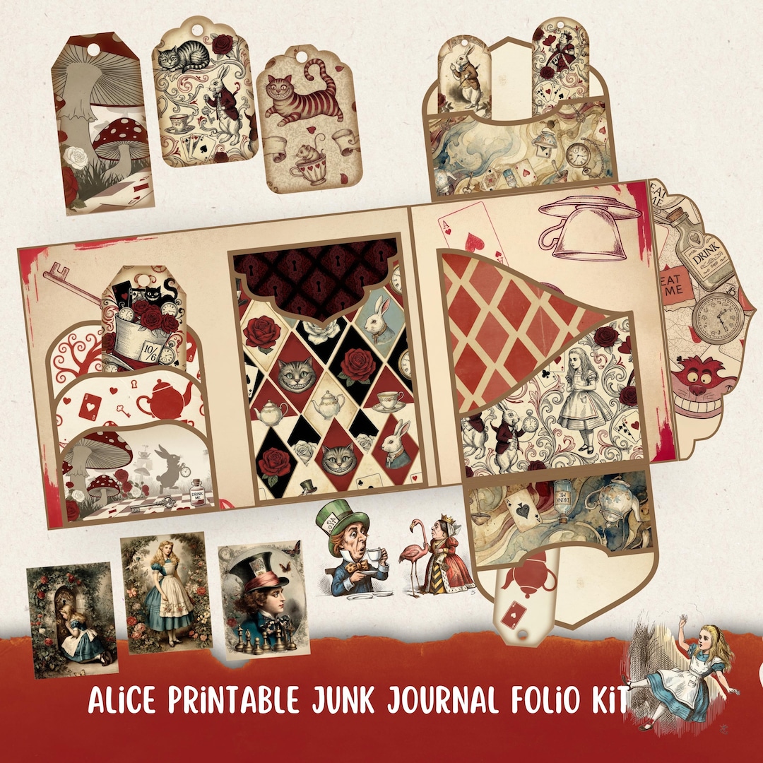 Alice Printable Junk Journal Folio Kit, Tags and Ephemera, Shabby Chic ...