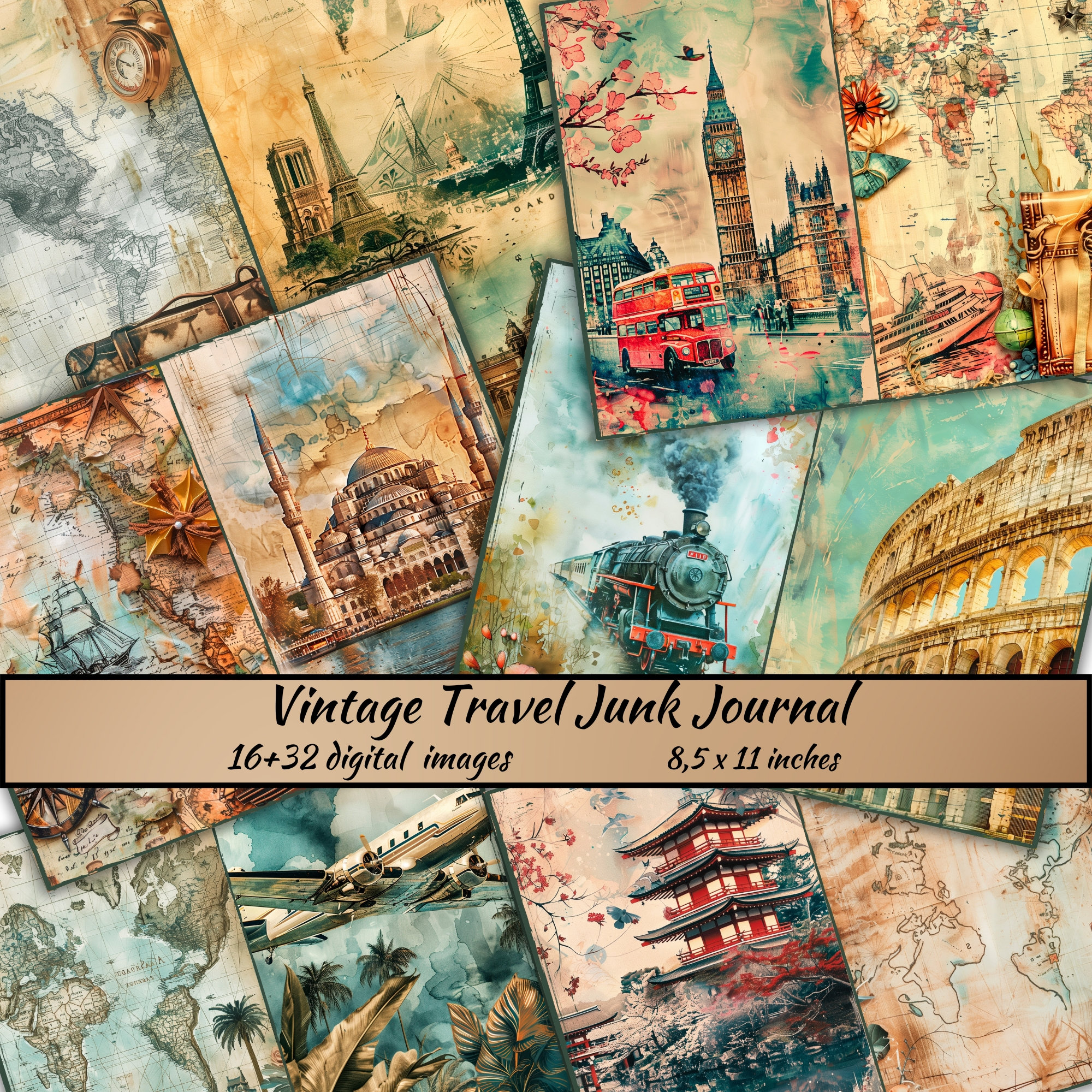 Vintage Travel Junk Journal, Printable Travel Digital Papers, Old Paper ...