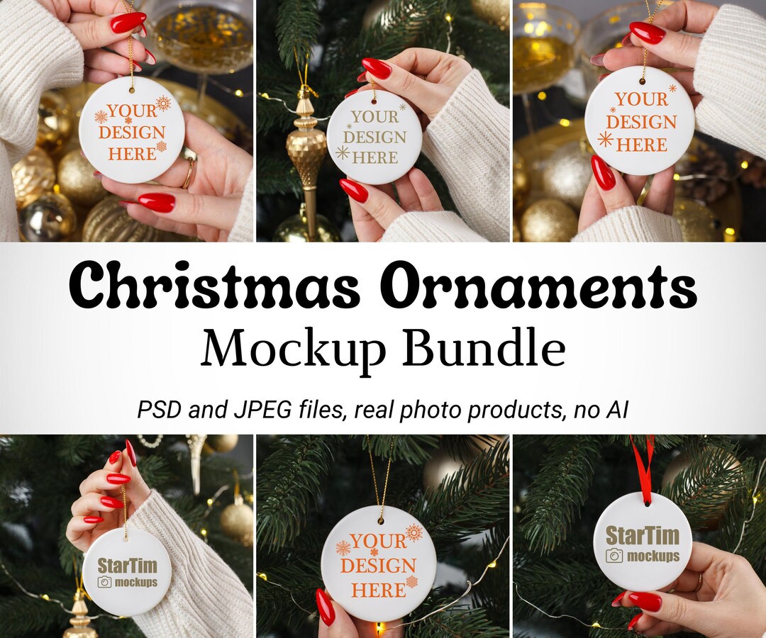 Christmas Ornament Mockup Bundle White Round Ceramic Tree Ornaments ...
