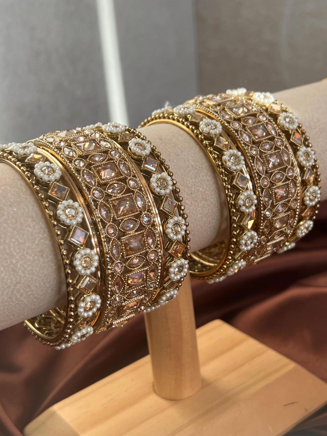 Champagne Pearl Bangle Set: Antique Gold Zircon Kada 2.6 Chunky ...