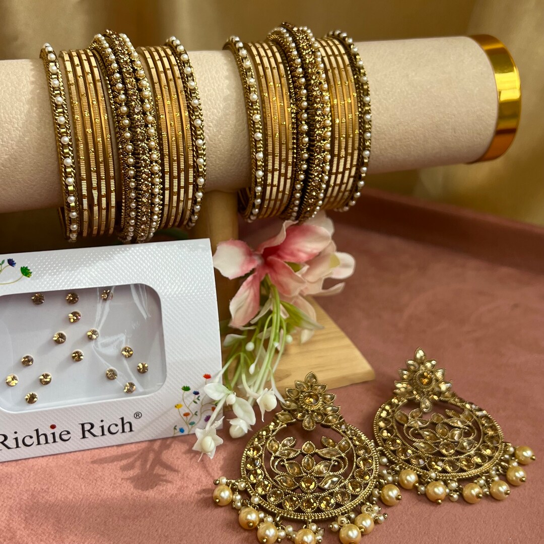 Golden Small Bangle Set With Earrings and Bindi Pack/indian/ Pakistani ...