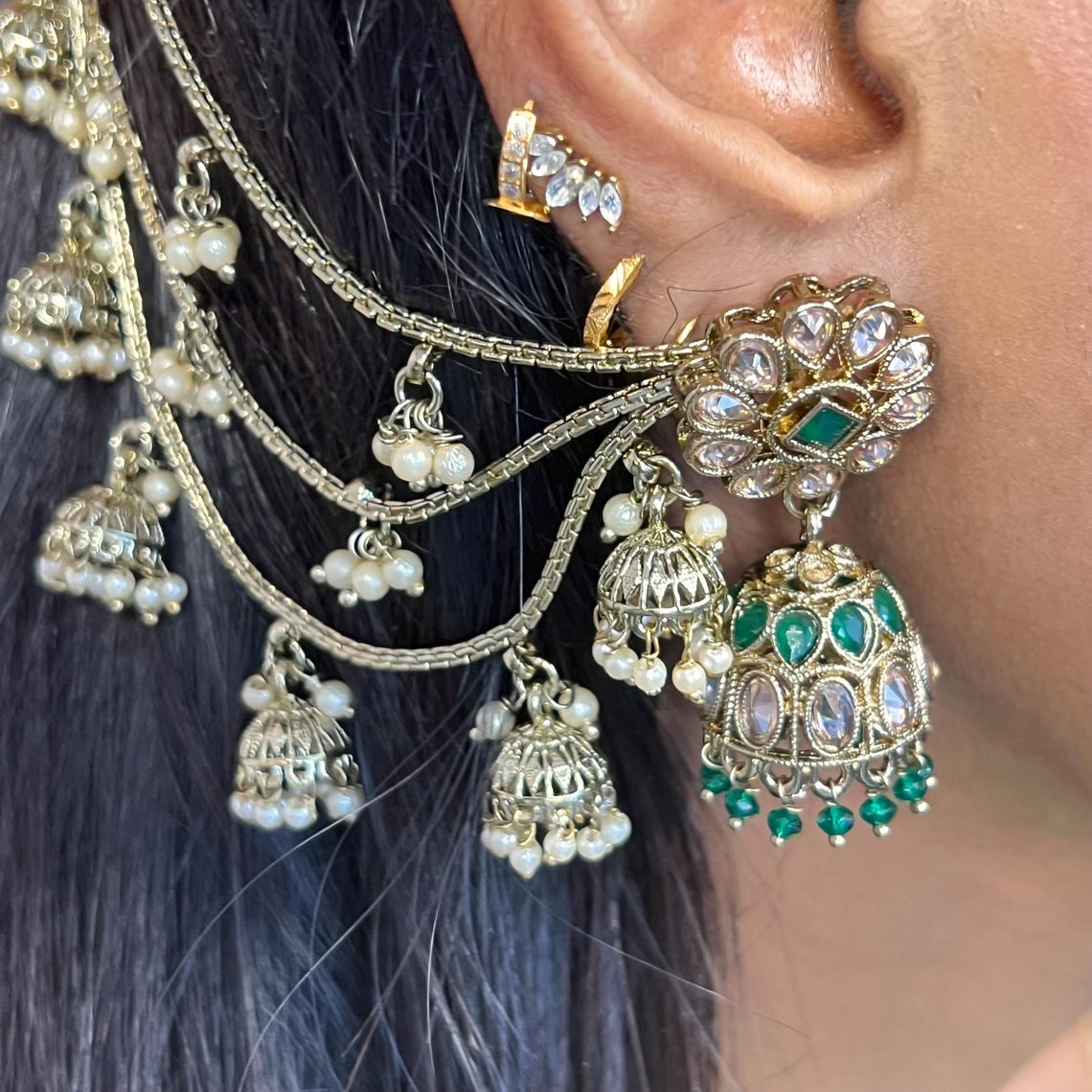 Antique Gold Indian Jhumka 3 Layer Ear Chains (saharey) / Indian Style ...