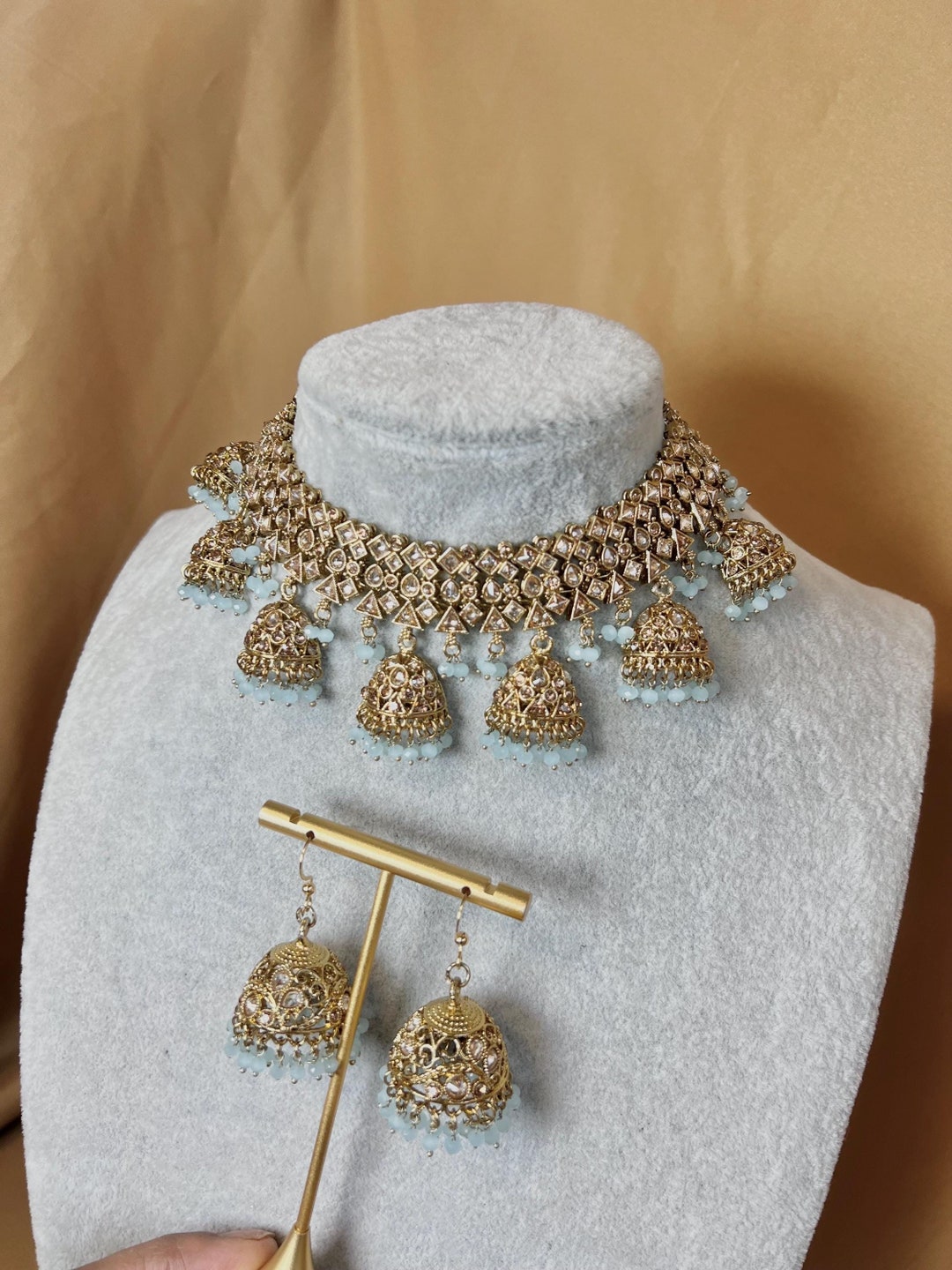 Antique Gold & Light Blue Indian Jhumka Style Set - Etsy