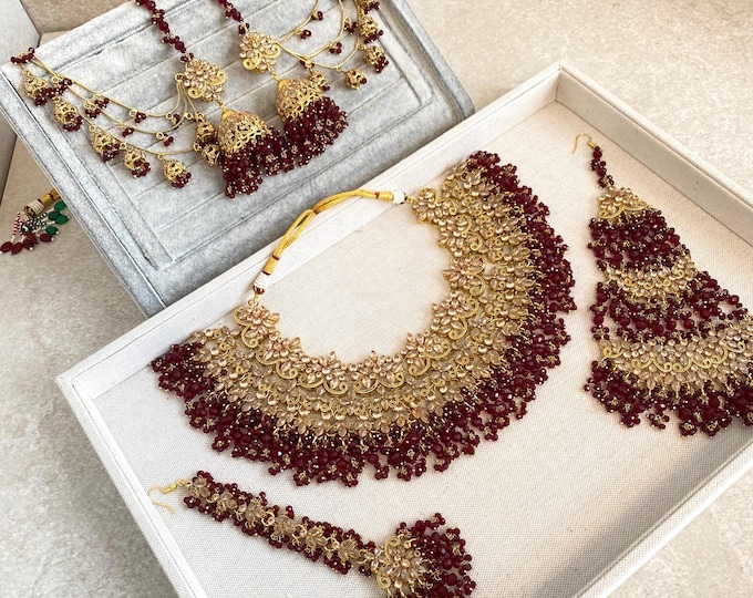 AKIFA Maroon Green Gold Crystal Bead Kundan Bridal Necklace Set ...