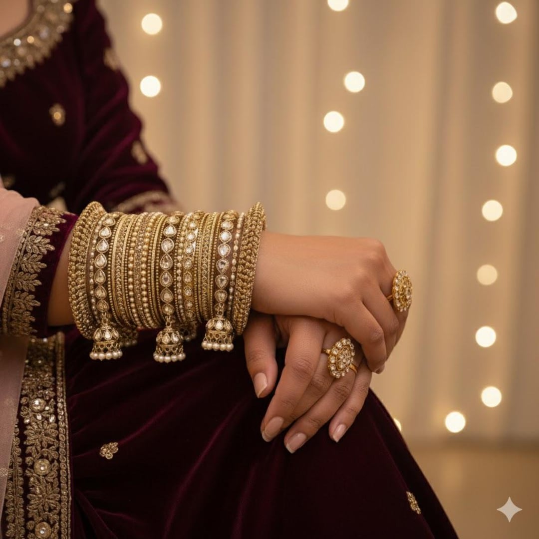 Luxury Golden Indian Bridal Bangle Set Both Arms Pearly Bangles Bride ...