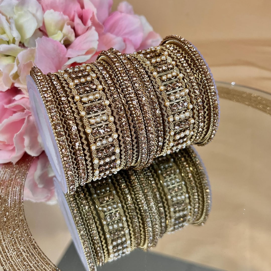 Small Golden Pearly Bangle Set Both Arms - 2.6/indian/ Pakistani/kada ...