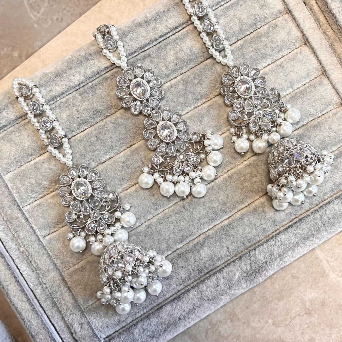 New! Silver Zircon Crystal/ Long Mala/ Haar Long Necklace Earring Tikka ...