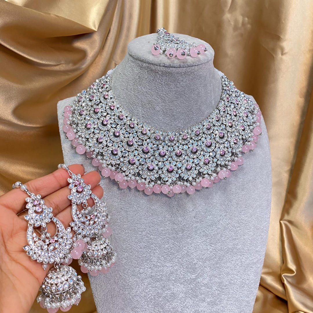 Pink Silver Bridal Set - Indian/ Pakistani Style With Jhumka Earring ...