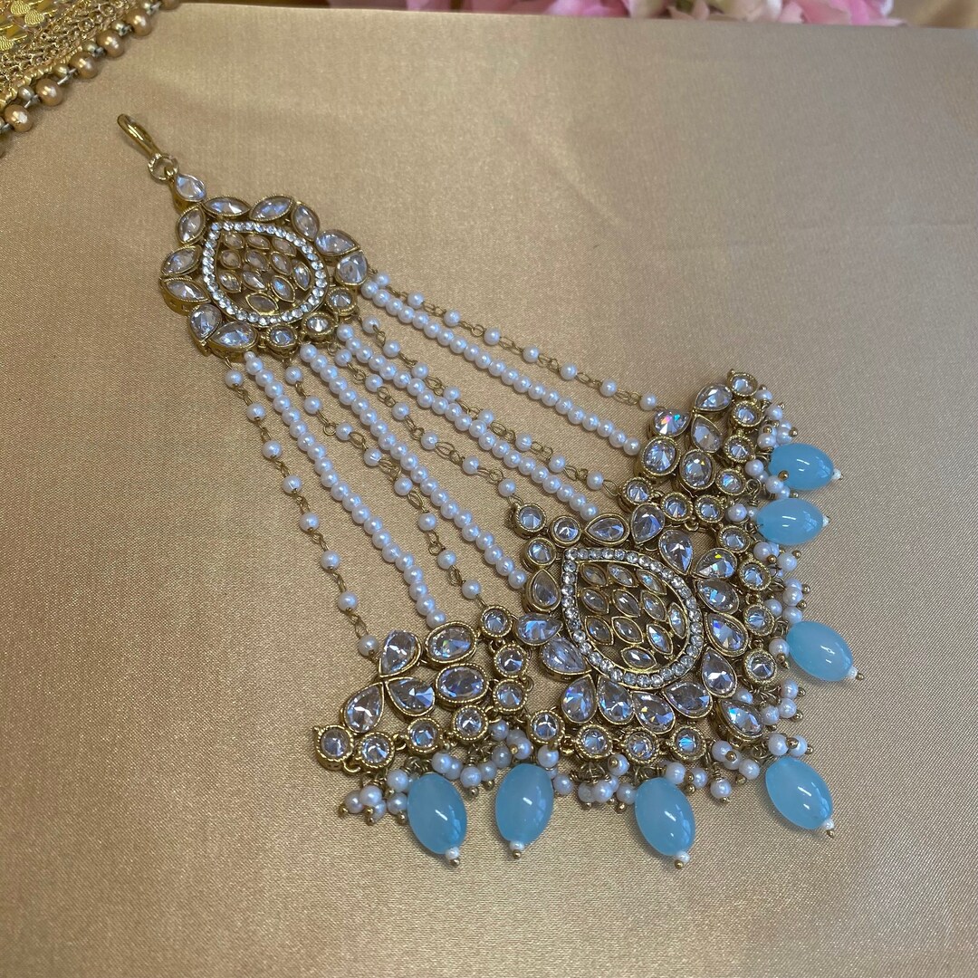 Antique Gold Jhumar - Light Blue/ Passa/ Indian/ Pakistani Style ...