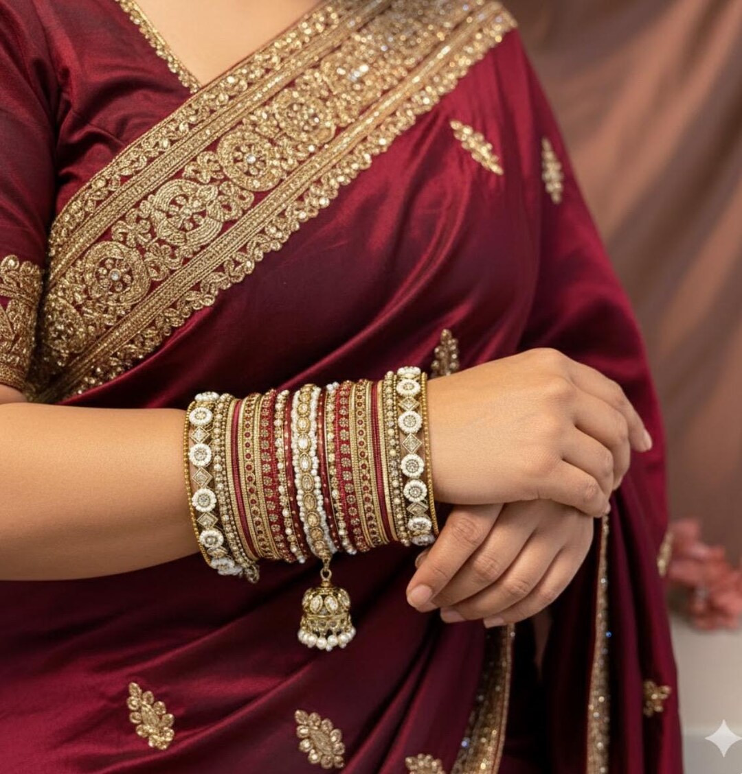 Bridal Pearl Gold Maroon Jhumka Bangle Set Indian Pakistani Punjabi ...