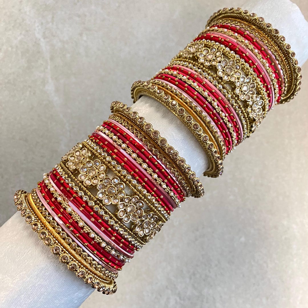Red Pink Gold Bangle Set Luxury Pakistani Punjabi Indian Bridal Kada ...